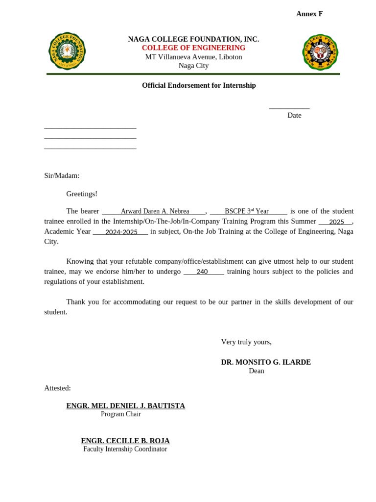 ANNEX F ARWARD Official Endorsement For Internship | PDF