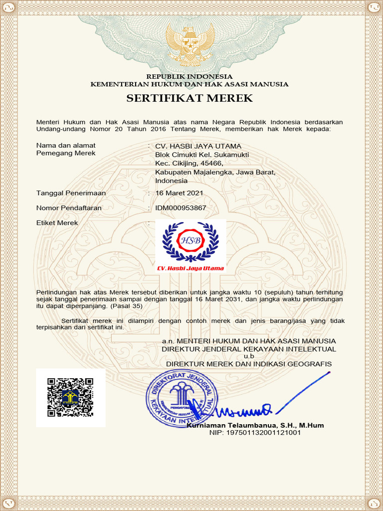Sertifikat Merek CV. Hasbi Jaya Utama | PDF