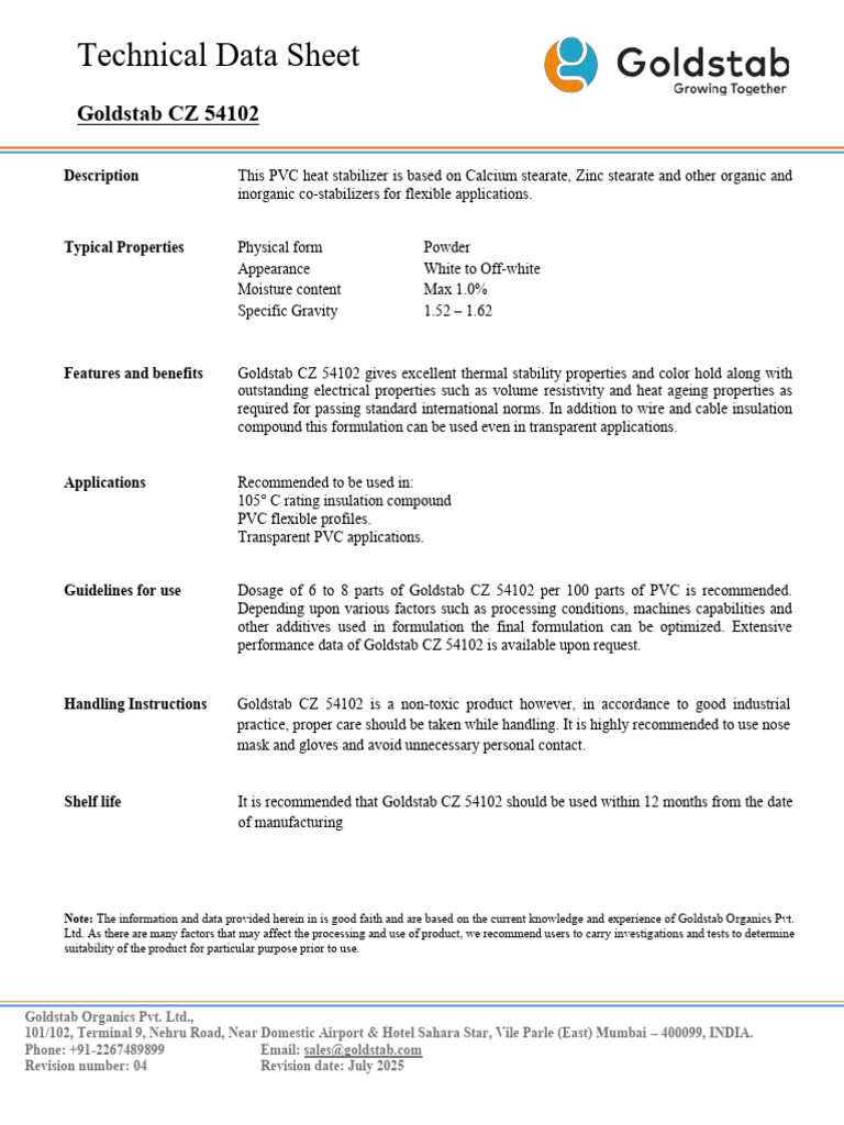 Goldstab CZ 54102 TDS | PDF | Polyvinyl Chloride | Materials