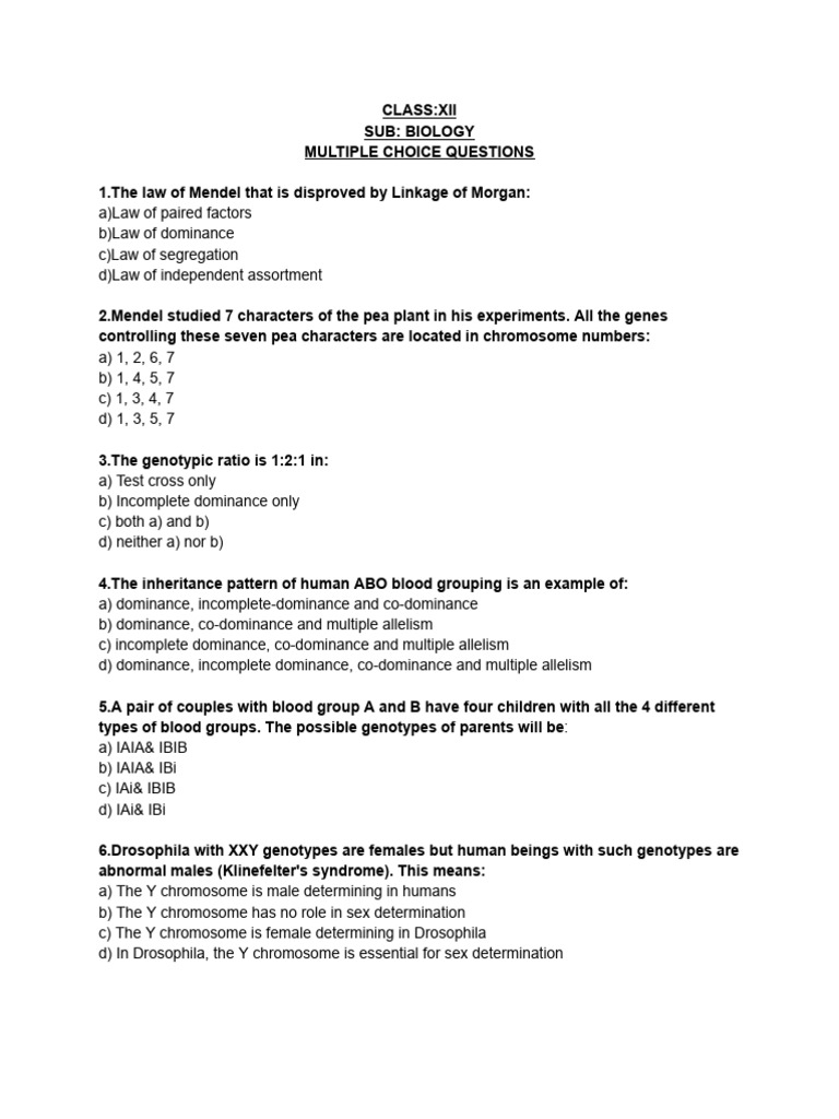 Class-Xii Bio 20-8-25 Mcqs | PDF | Dominance (Genetics) | Zygosity