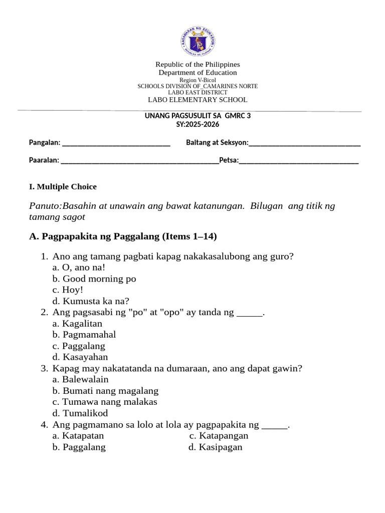 Ile 1st Periodical Test in GMRC 3 | PDF