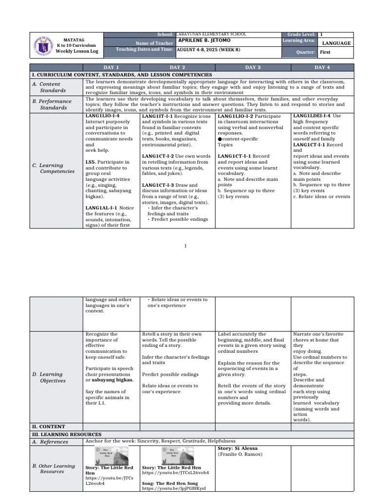 DLL Matatag - Language 1 - Q1 - W8 | PDF | Vocabulary | Learning