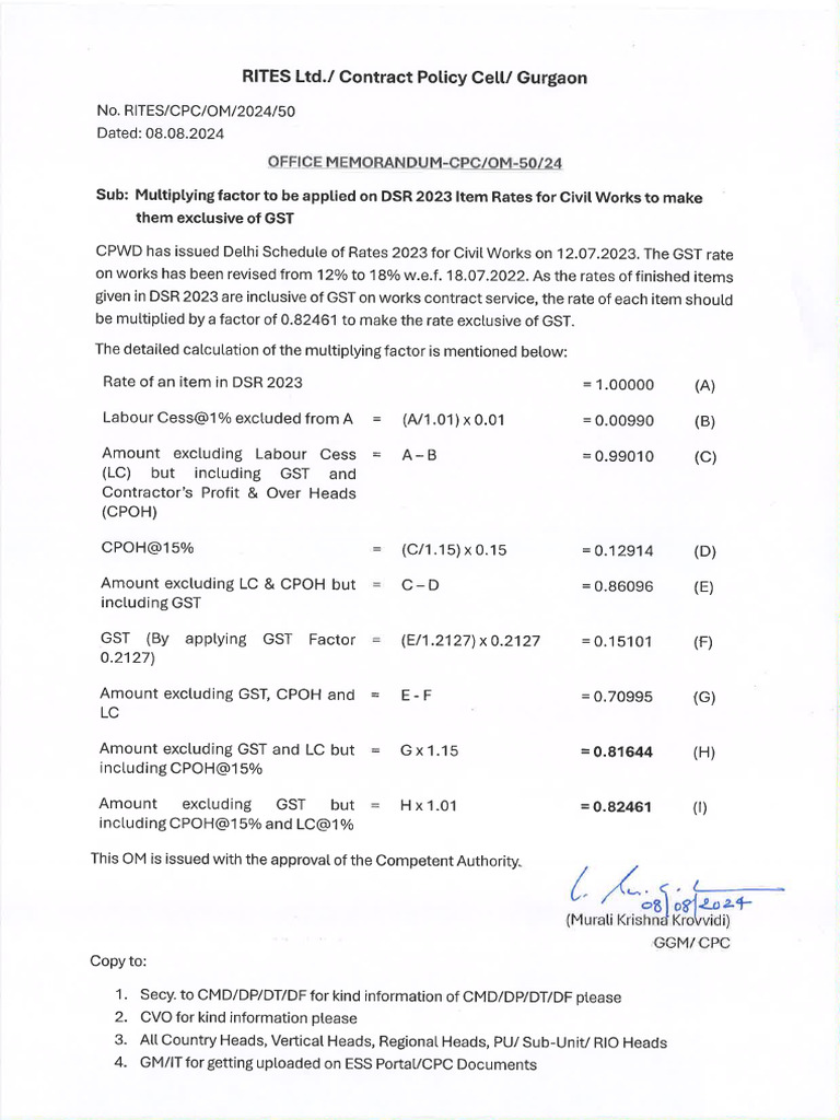 Multiplying Factor For Rates Exclusive of GST (DSR 2023) | PDF
