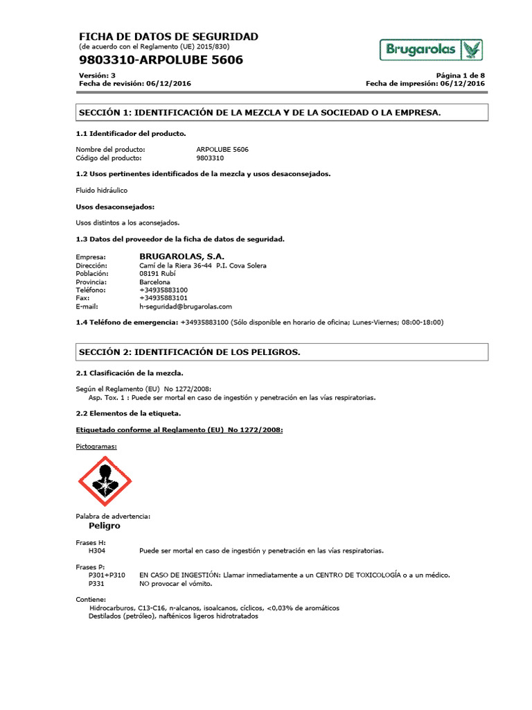 Ficha de Seguridad ARPOLUBE 5606 | PDF | Toxicidad | Gestión de residuos