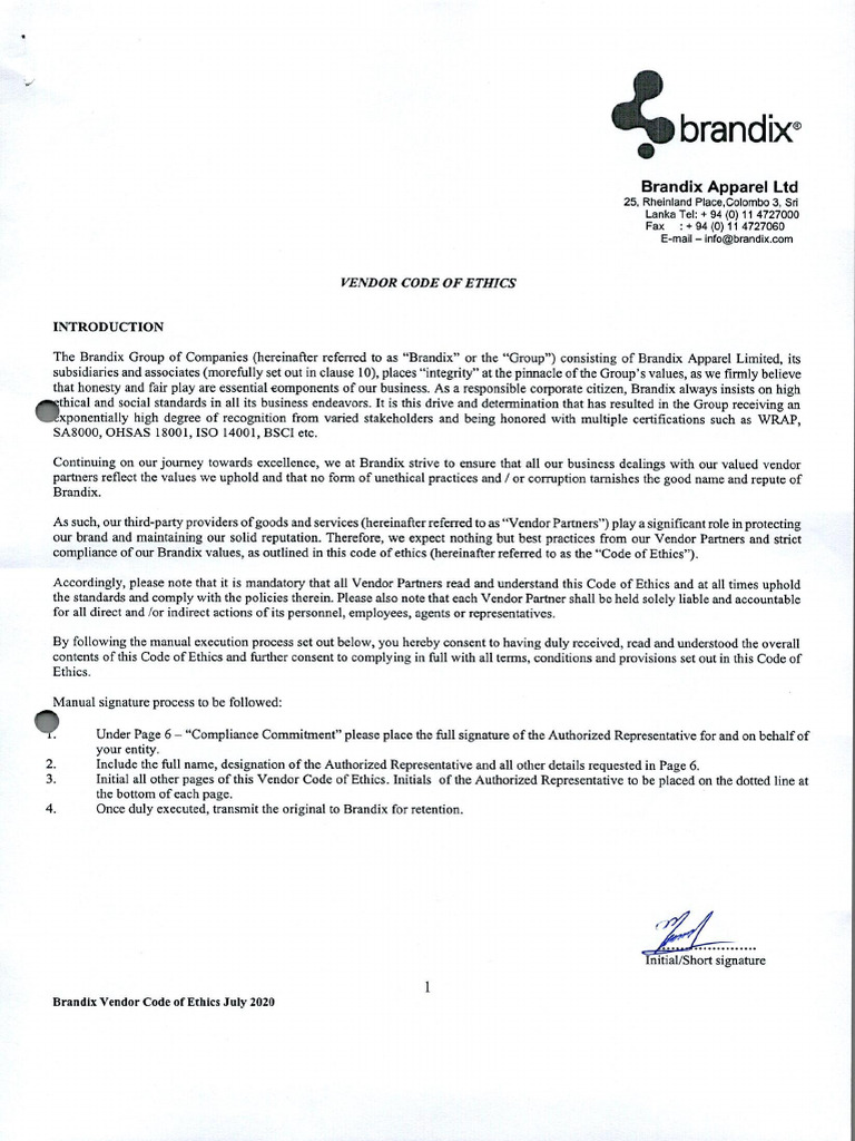 Brandix Vendor COde of Ethics - 0001 | PDF
