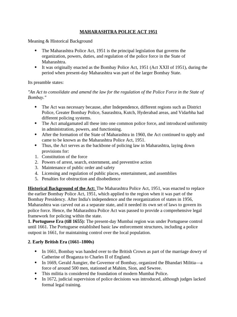 Maharashtra Police Act Overview 1951 | PDF | Police | Law Enforcement