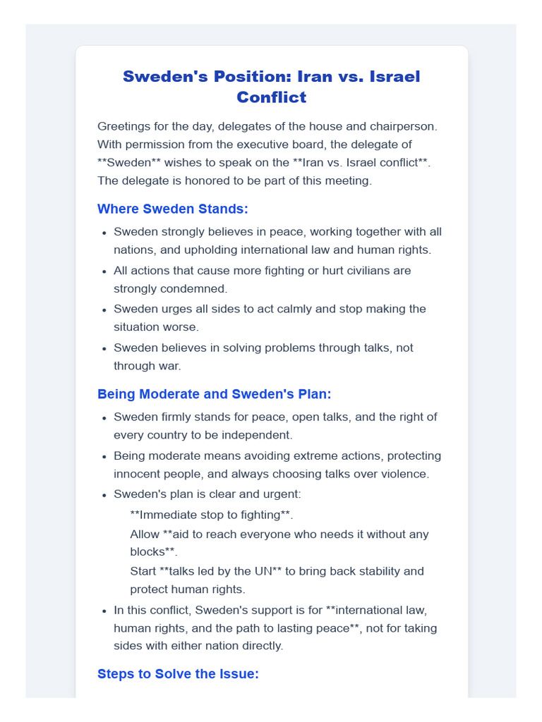 Sweden's 60-Second Speech_ Iran vs. Israel Conflict | PDF