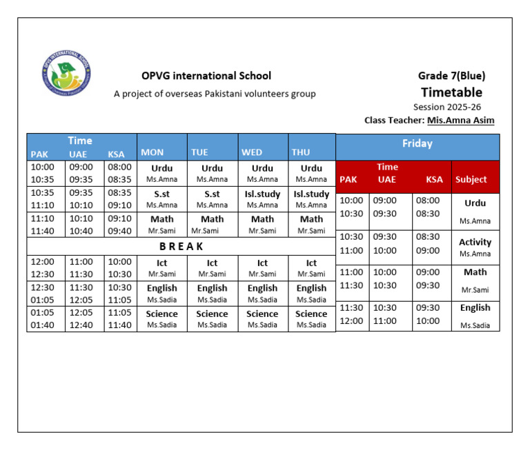 Grade 7 Timetable 2025-26 | PDF