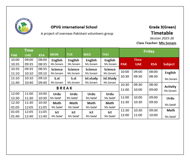 Grade 3 Timetable 2025-26 | PDF