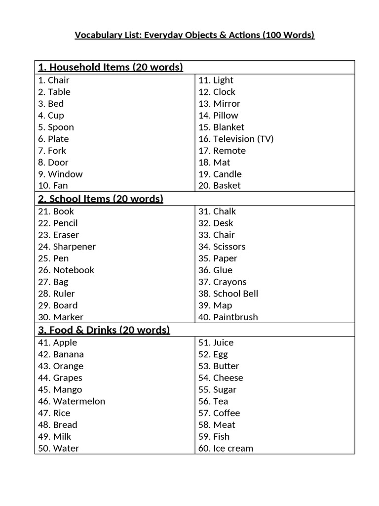 Vocabulary of Everyday Objects & Actions | PDF