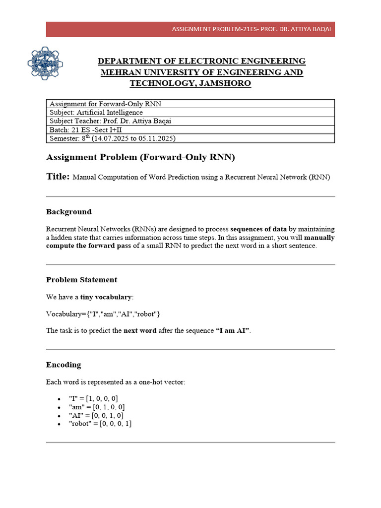 Assignment Problem For RNN Word Prediction | PDF