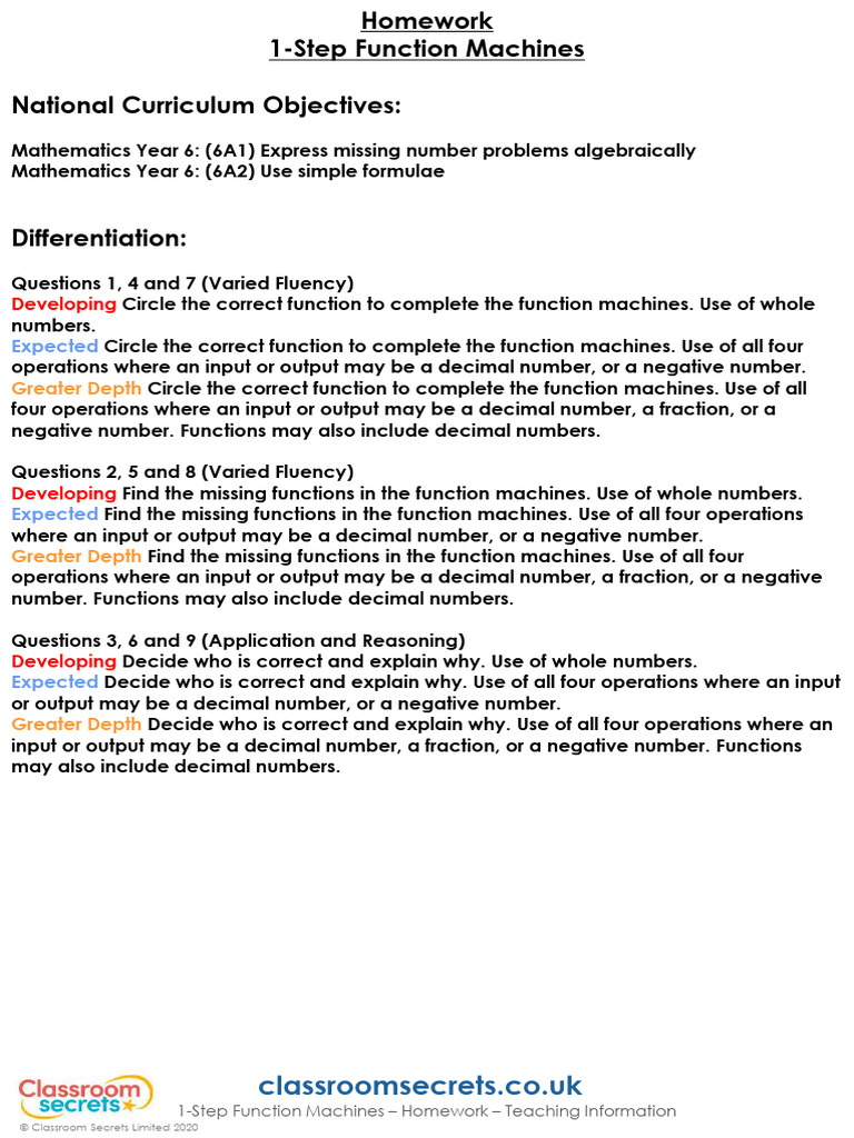 Year 6 1-Step Function Machines Homework | PDF | Numbers | Function ...