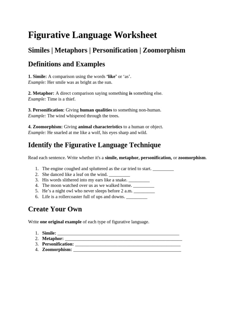 Figurative Language Worksheet and Activities | PDF