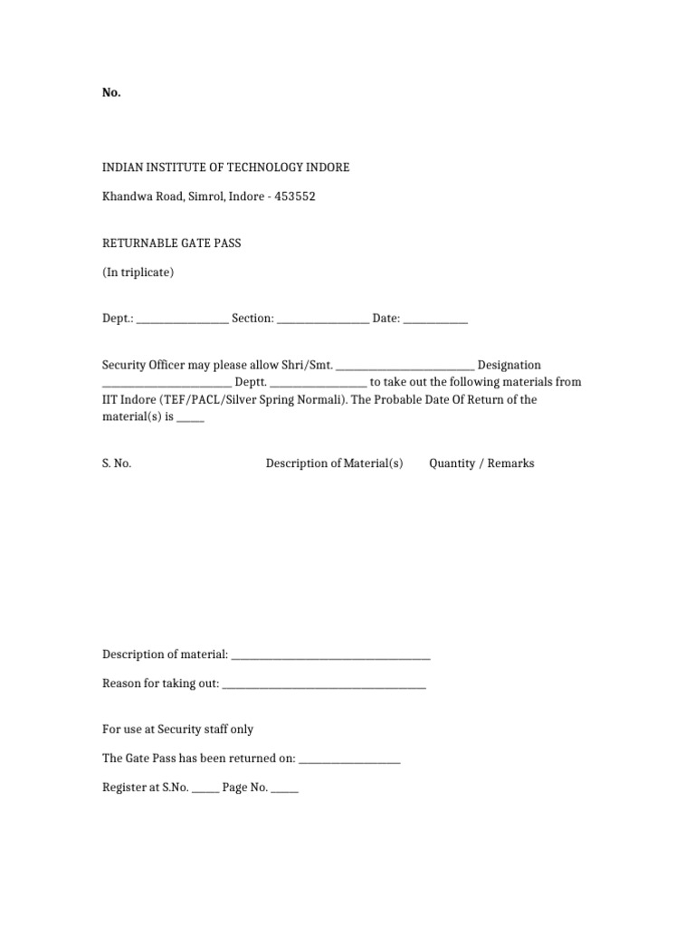 Returnable Gate Pass Format | PDF