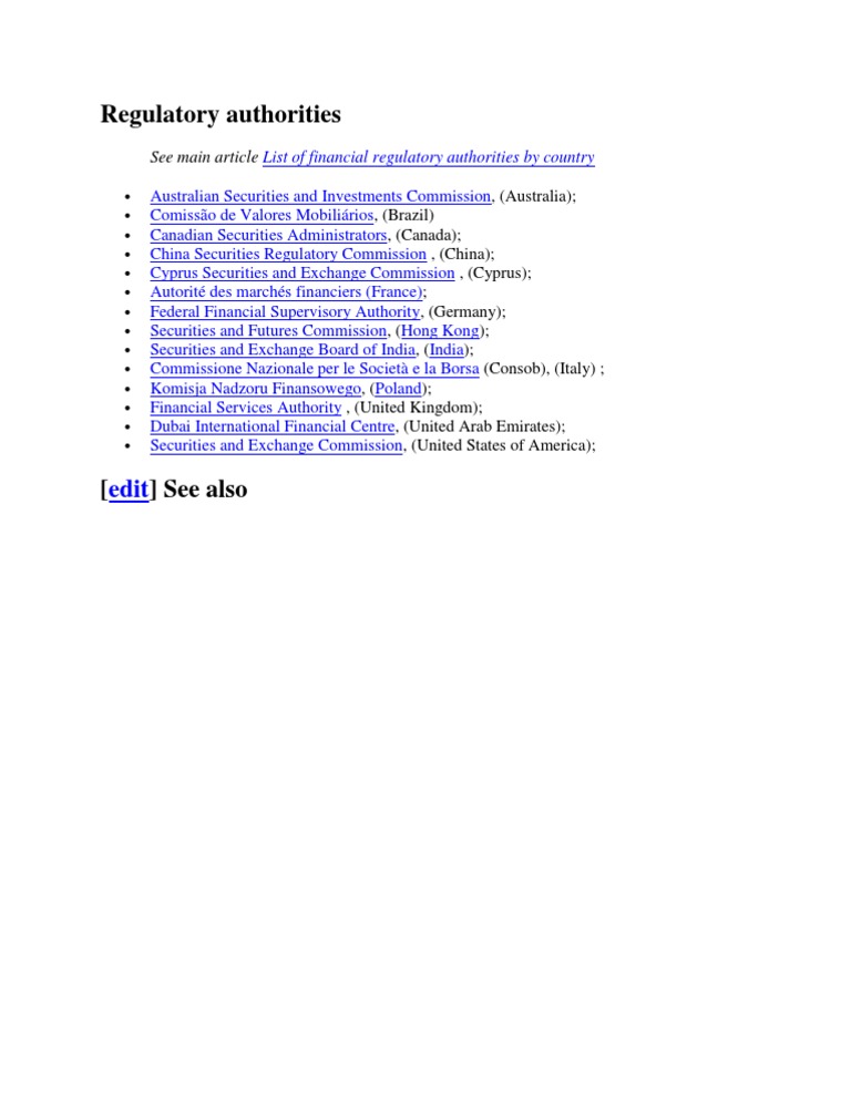 Global Financial Regulatory Authorities List | PDF