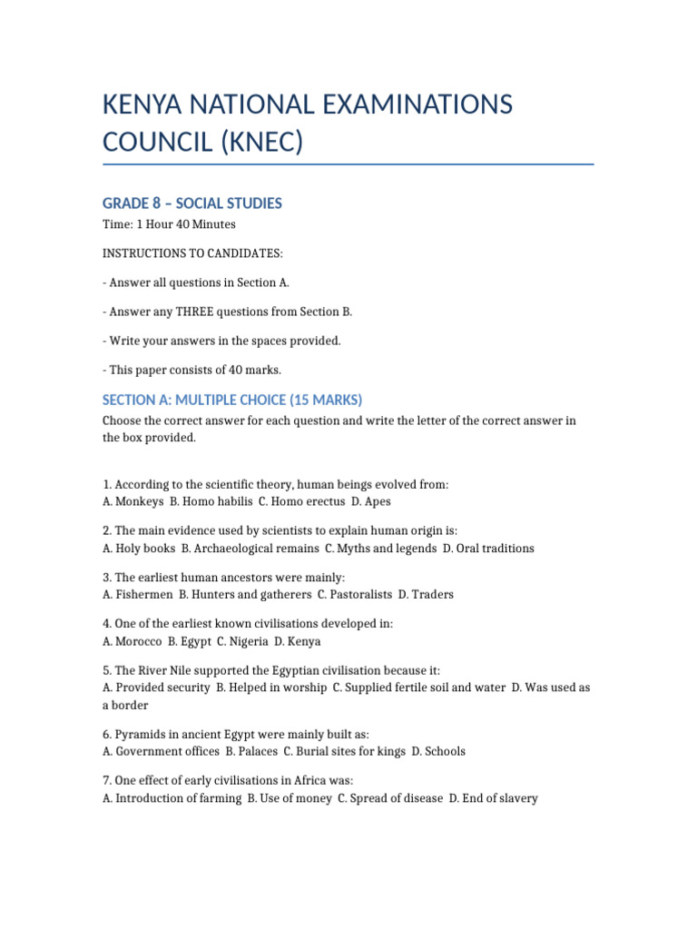 Grade 8 Social Studies KNEC Exam | PDF | Homo | Africa