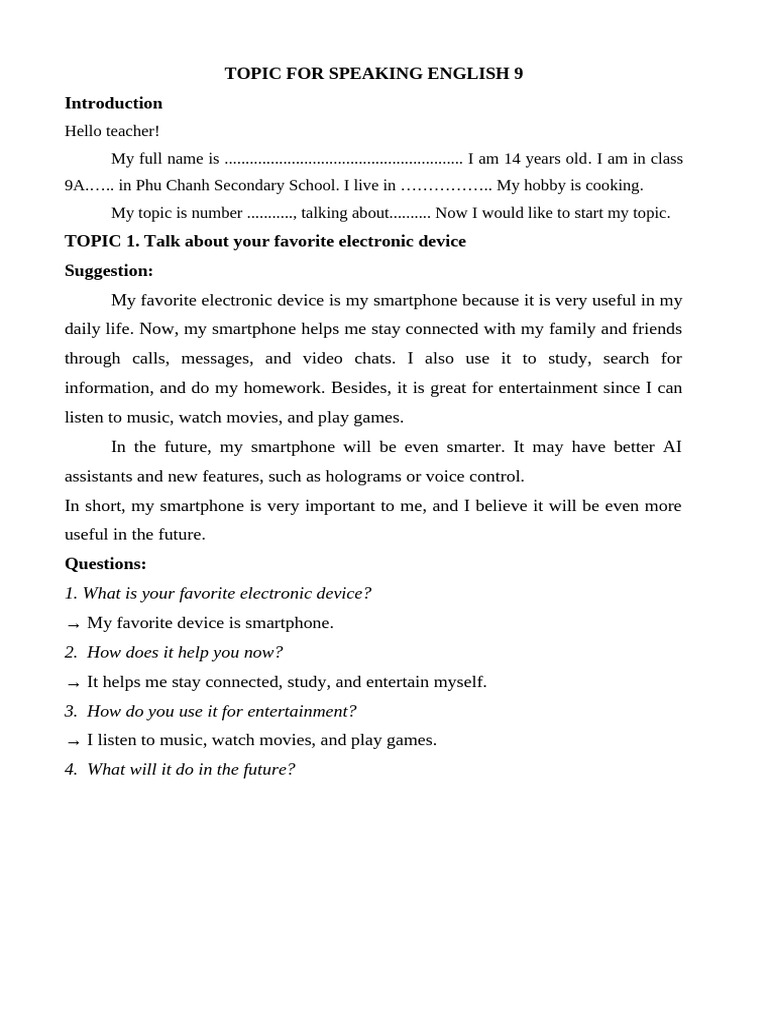 Topic For Speaking English 9 | PDF | Human Communication | Communication
