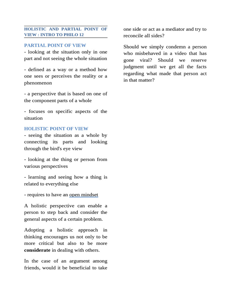 Holistic and Partial Point of View B5 | PDF