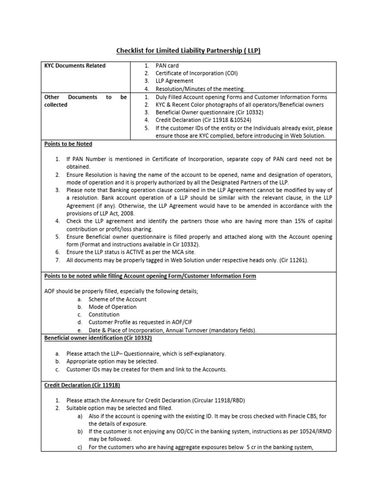 LLP Account Opening Document Checklist | PDF | Limited Liability ...