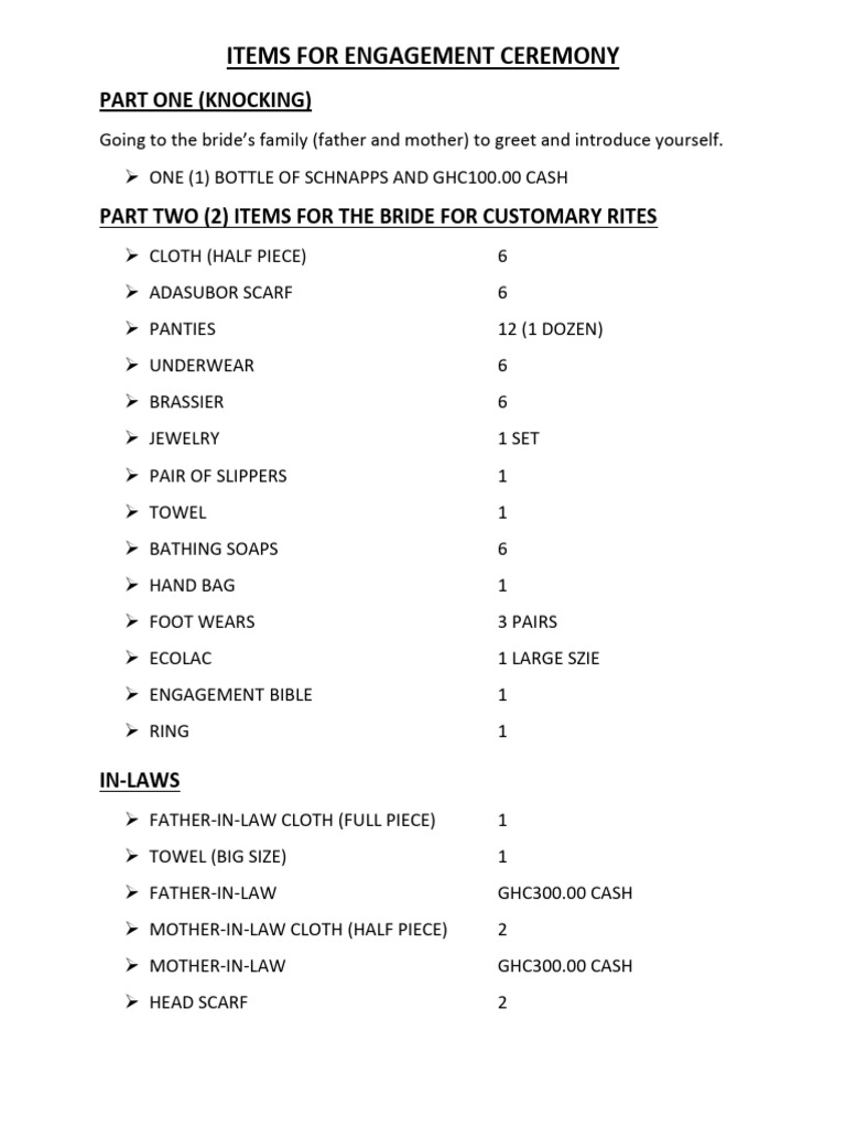 Engagement Ceremony Item List | PDF