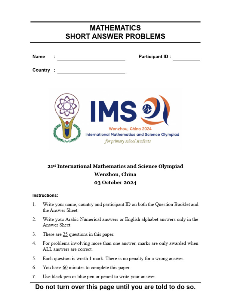 01d. IMSO 21st Math Short Answer PROBLEMS 01102024 | PDF | Area ...