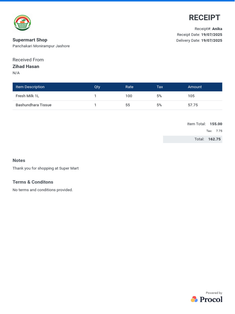 Supermart Receipt for Fresh Milk & Tissue | PDF