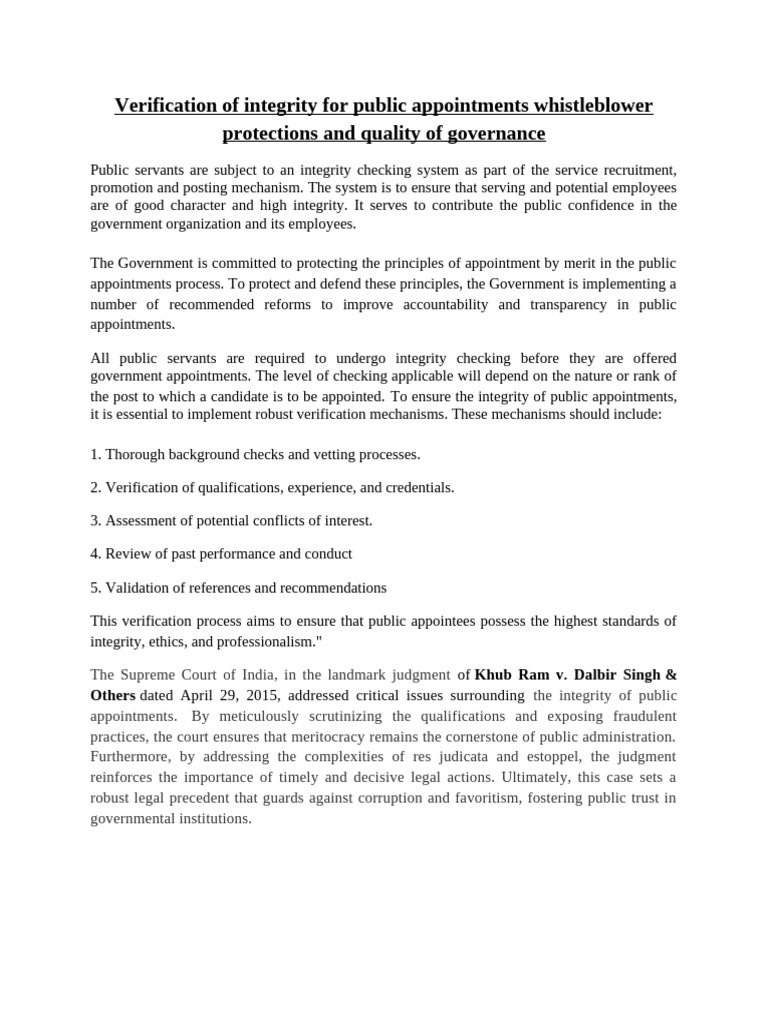 Verification of Integrity For Public Appointments Whistleblower Protections and Quality of ...