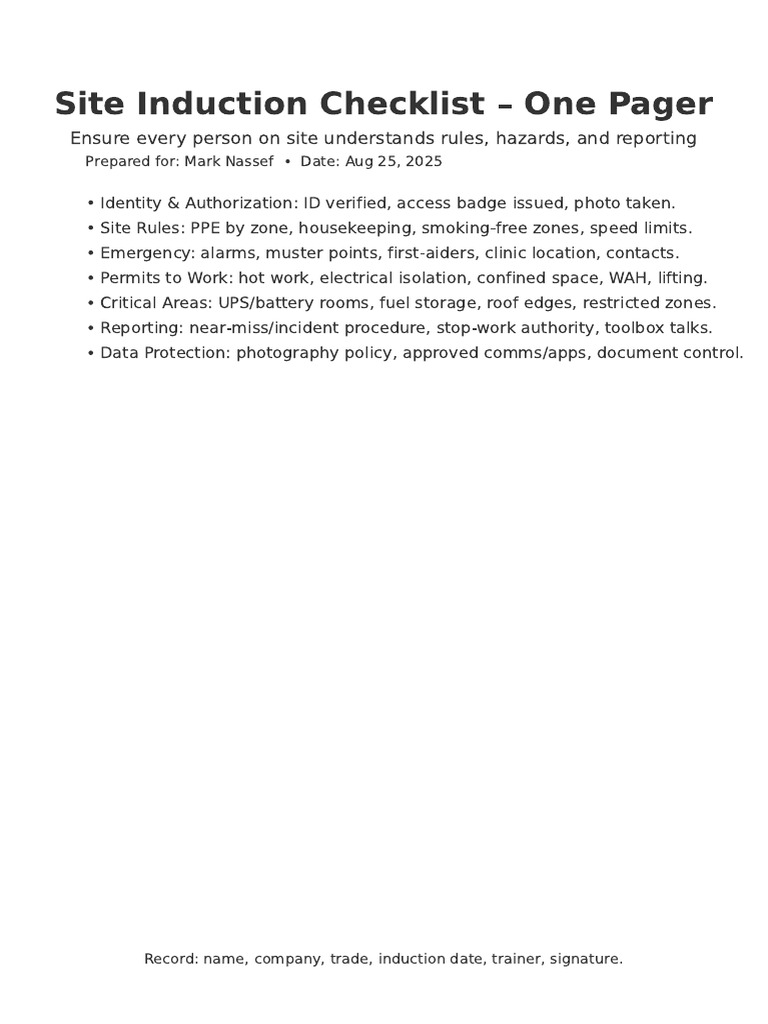 Site Induction Checklist Overview | PDF