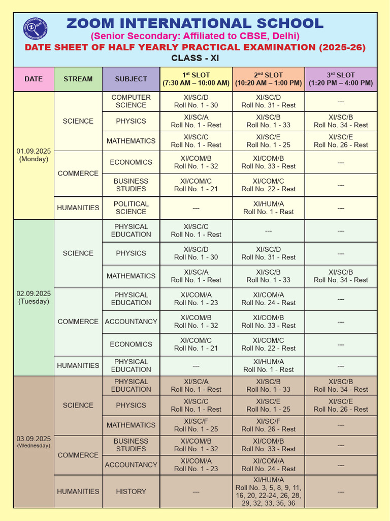 Xi - Half Yearly Practical Date Sheet - 2025!26!1 | PDF