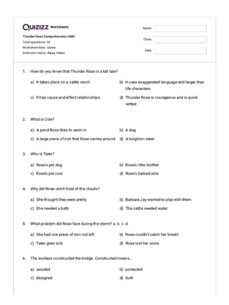 Thunder Rose Comprehension HMH - Quizizz | PDF | Chess Theory | Chess