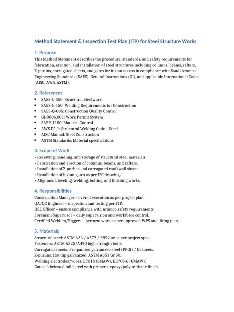 Steel Structure Method Statement ITP | PDF | Structural Steel | Welding