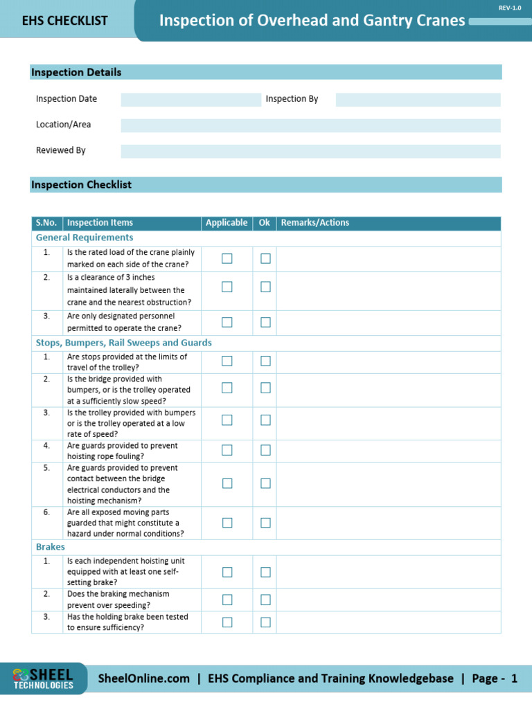 Overhead and Gantry Crane Inspection Checklist | PDF | Crane (Machine ...