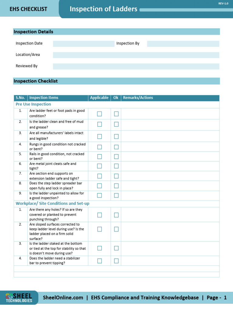 Ladder Inspection EHS Checklist | PDF | Ladder