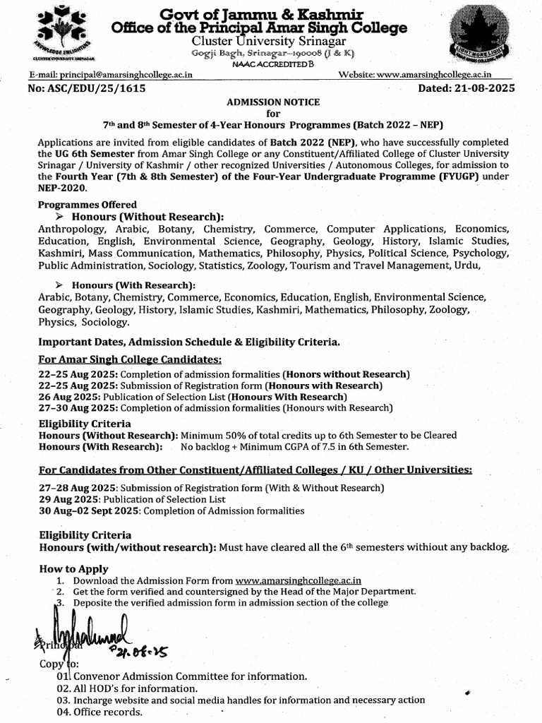 Admission Notice For 7th and 8th Semester of 4 Year Honours Programmes ...