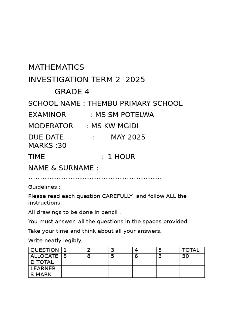 Mathematics Investigation Grade4 | PDF
