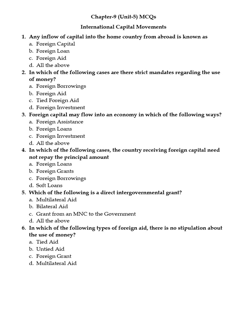 MCQs on International Capital Movements | PDF | Foreign Direct ...