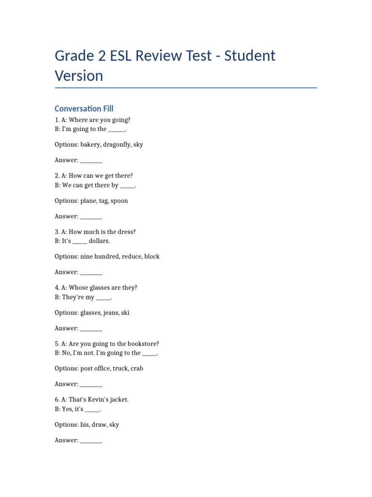 Grade 2 ESL Review Test for Students | PDF