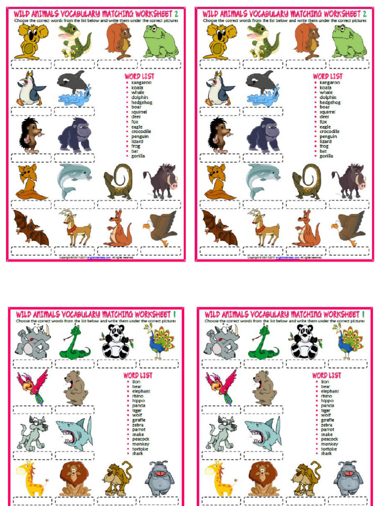 Wild Animals Vocabulary Esl Matching Exercise Worksheets For Kids | PDF