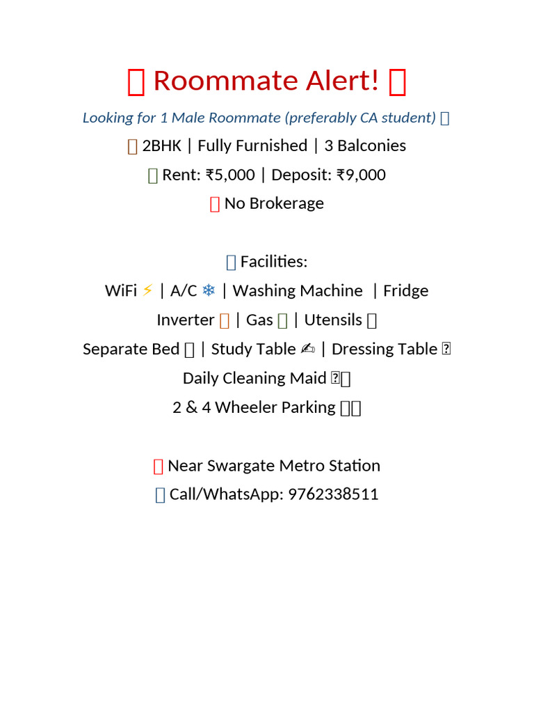 Male Roommate Wanted Near Swargate | PDF