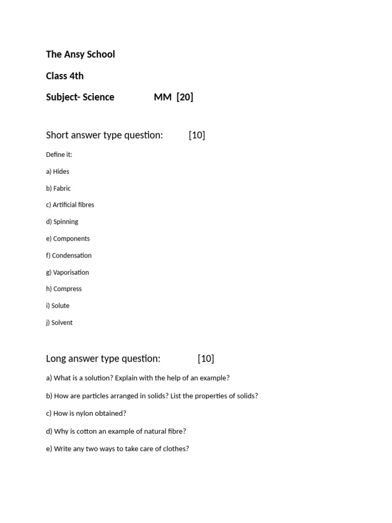 Class 4 Science: Key Concepts & Questions | PDF