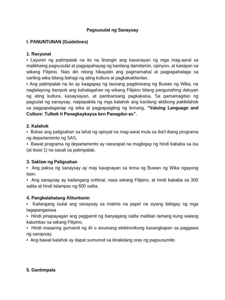 Pagsusulat NG Sanaysay Guidelines Mechanics and Criteria For Judging | PDF