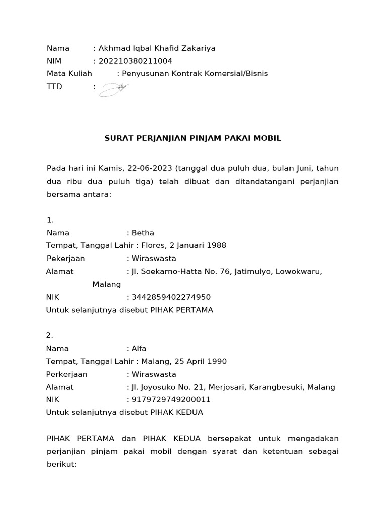 Surat Perjanjian Pinjam Pakai Mobil | PDF