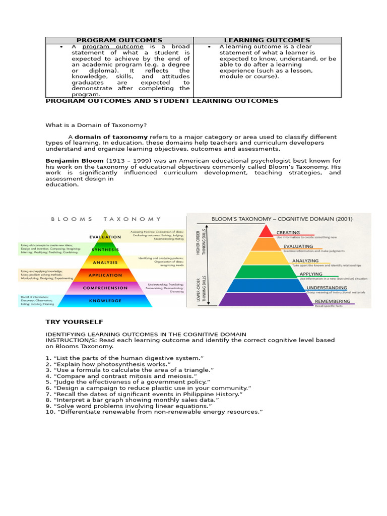 Program Outcomes and Learning Outcomes | PDF