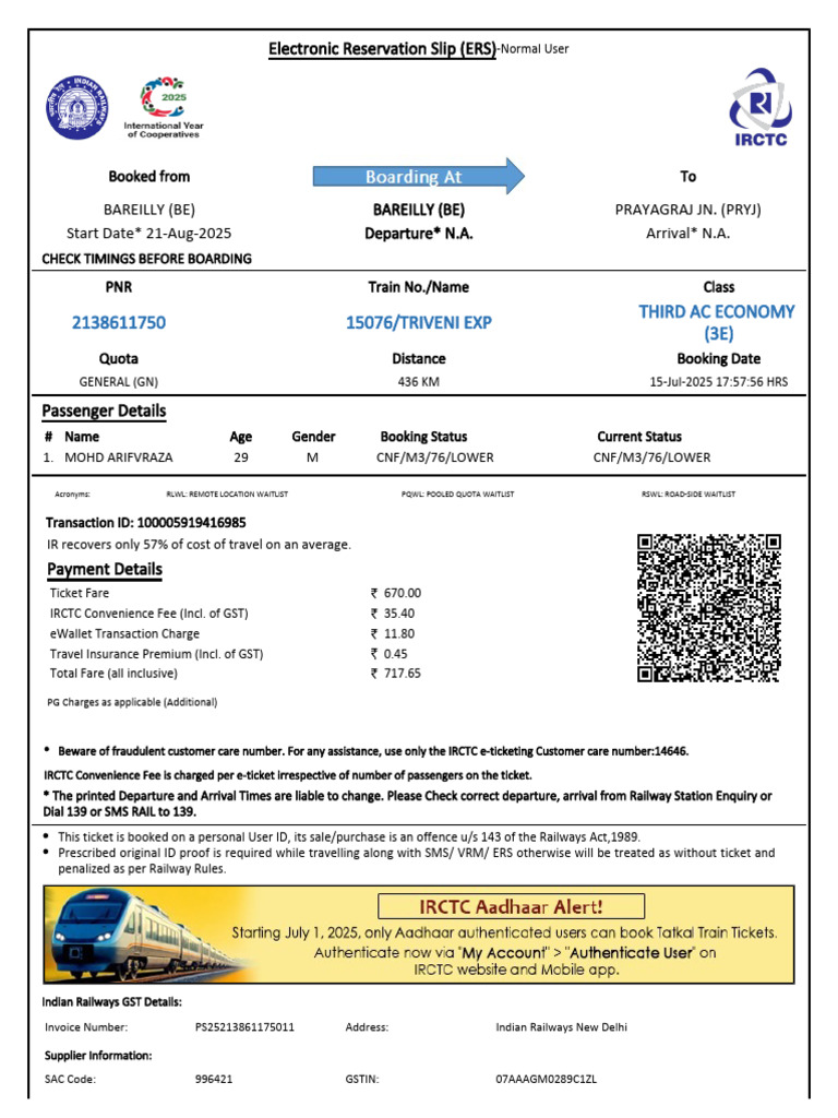 15076/TRIVENI EXP Third Ac Economy (3E) | PDF | Identity Document ...