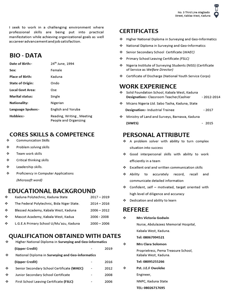 Nigerian Surveyor CV and Bio Data | PDF | Learning | Cognition