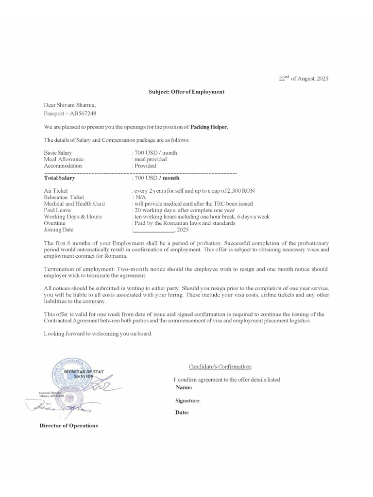 Offer Letter Shivani Sharma | PDF