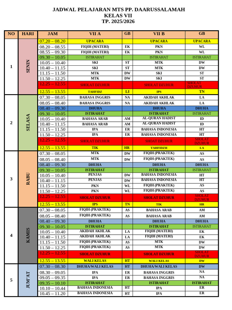 Jadwal Pelajaran MTS PP 2021 7 | PDF