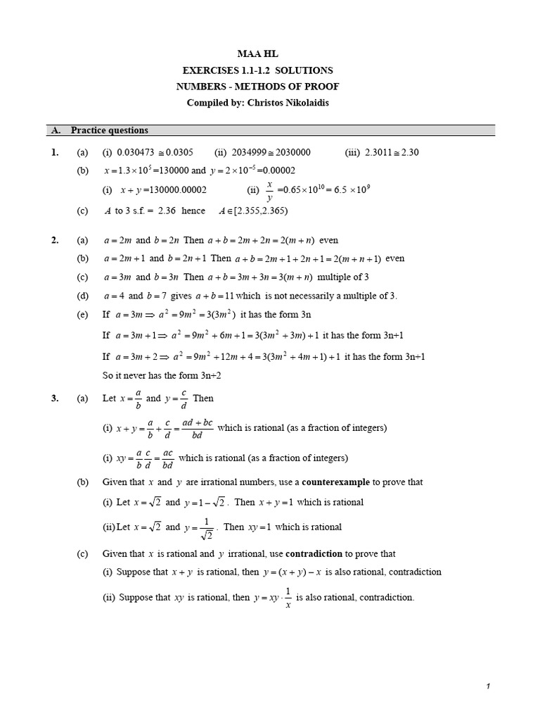 Maa HL 1.1-1.2 Numbers - Methods of Proof - Solutions | PDF | Rational ...