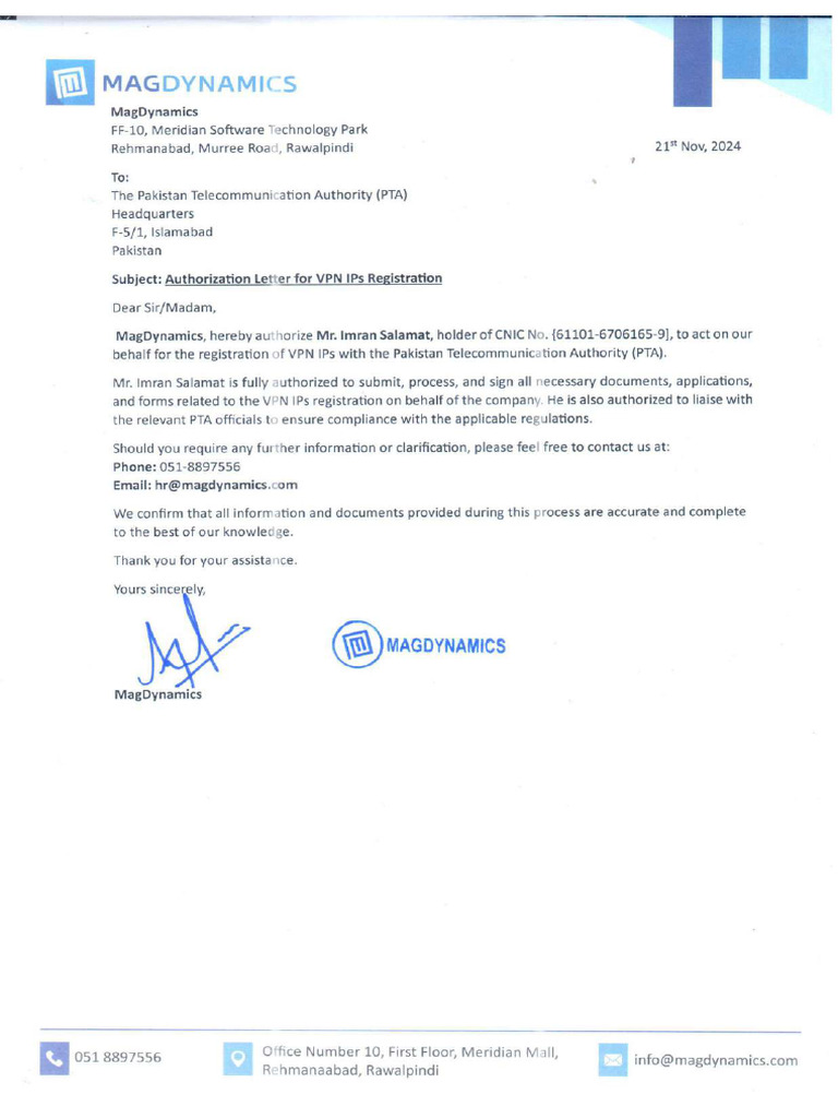 Authority Letter For VPNs To PTA PDF | PDF