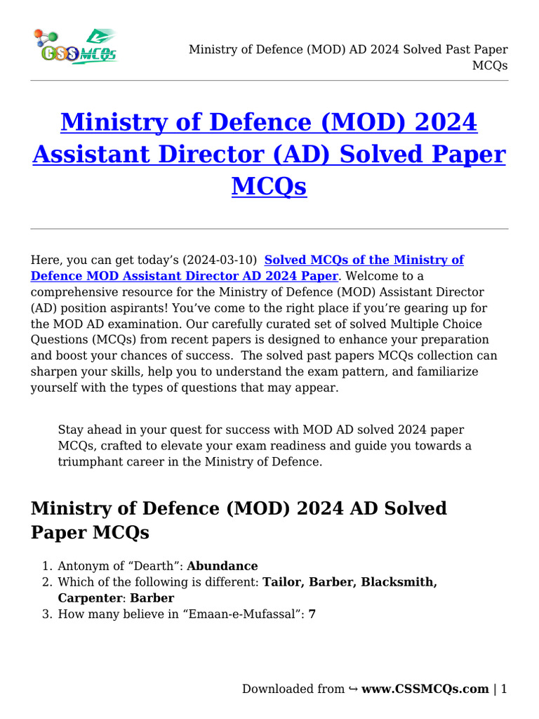 Ministry of Defence (MOD) AD 2024 Solved Past Paper MCQs | PDF | Multiple Choice | Pakistan